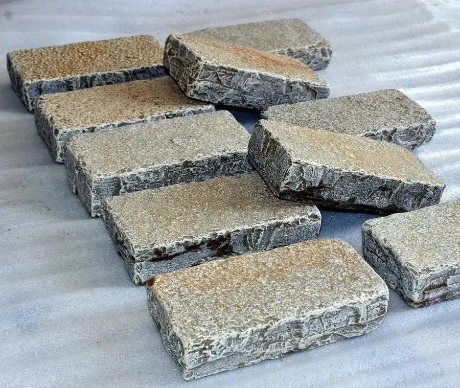 Tundar Yellow Limestone Cobble Setts Tumbled 200 x 100 | Paving Slabs UK